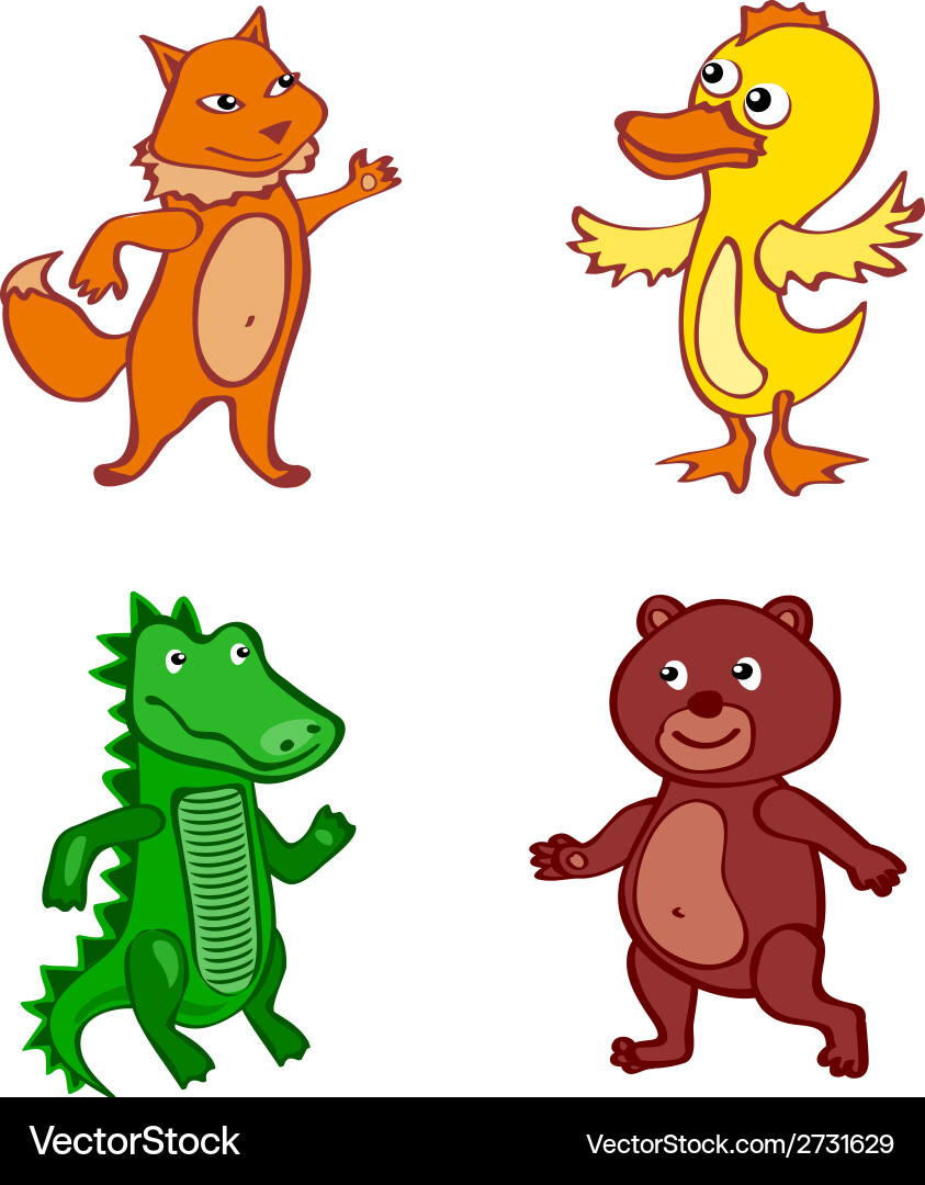 Hand-drawn cartoon wild set duck fox bear Vector Image