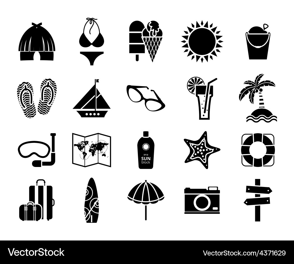 Summer icons black on white Royalty Free Vector Image