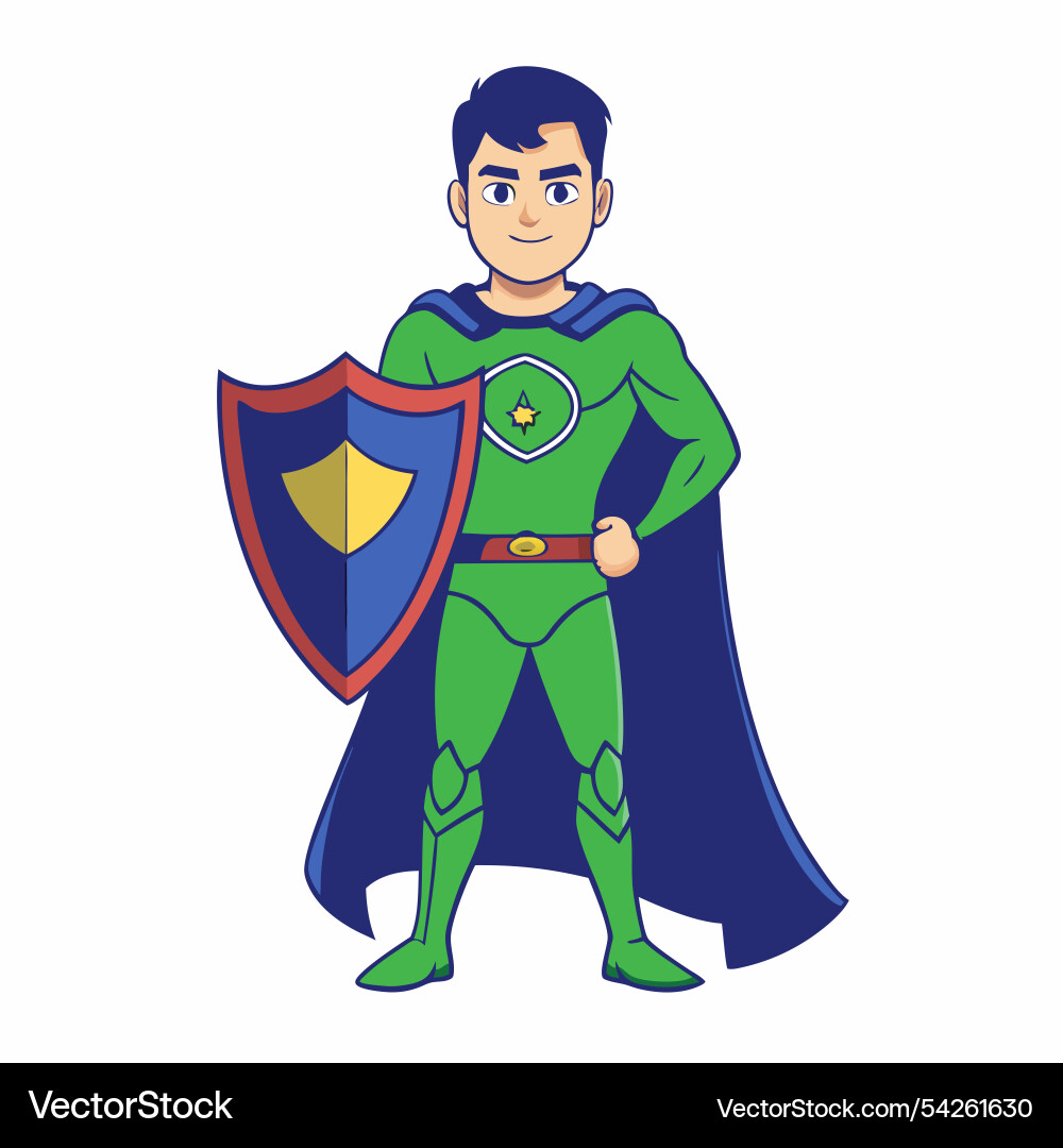 Green-cloaked hero with shield art Royalty Free Vector Image