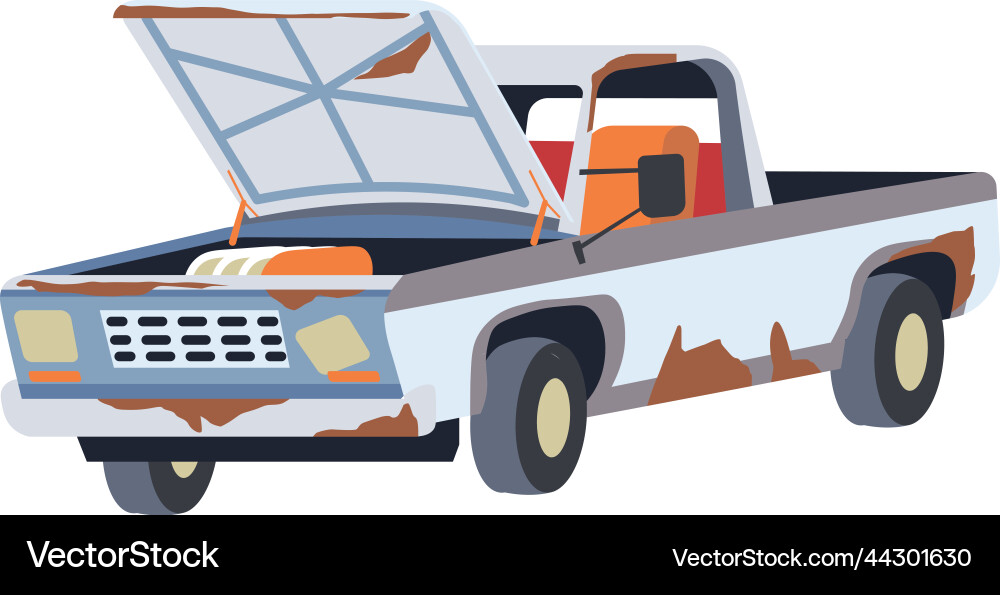 Old rusty automobile with damaged parts Royalty Free Vector