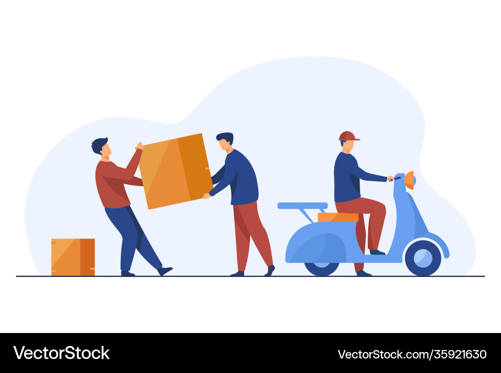 Two loaders carrying big carton box to couriers Vector Image