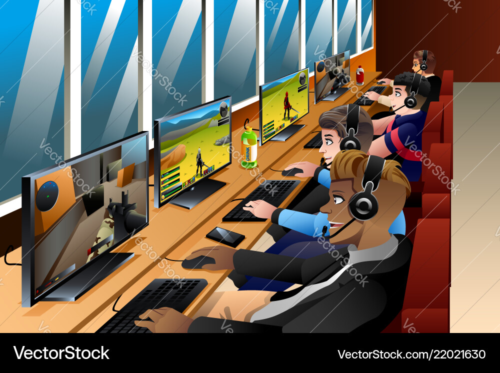 Young people playing games on an internet cafe Vector Image