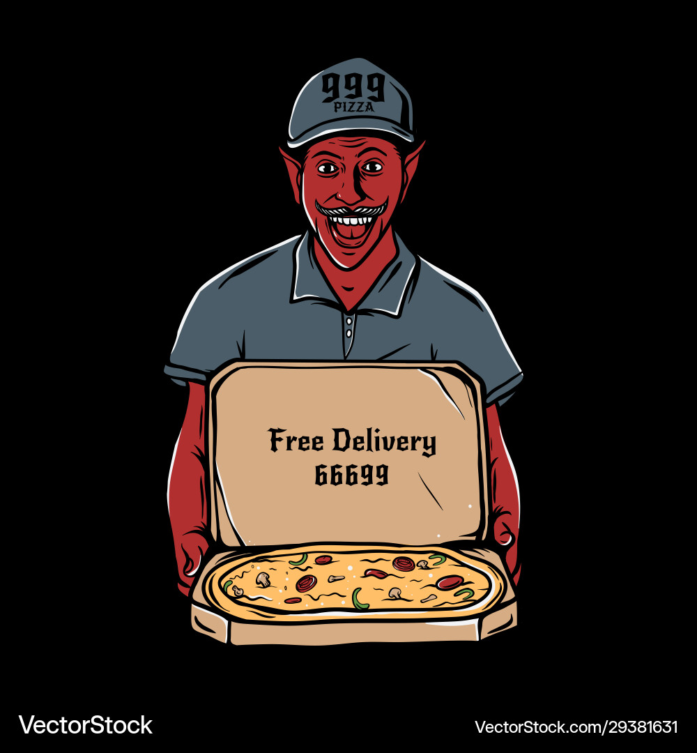 Satan holding open cardboard box pizza Royalty Free Vector