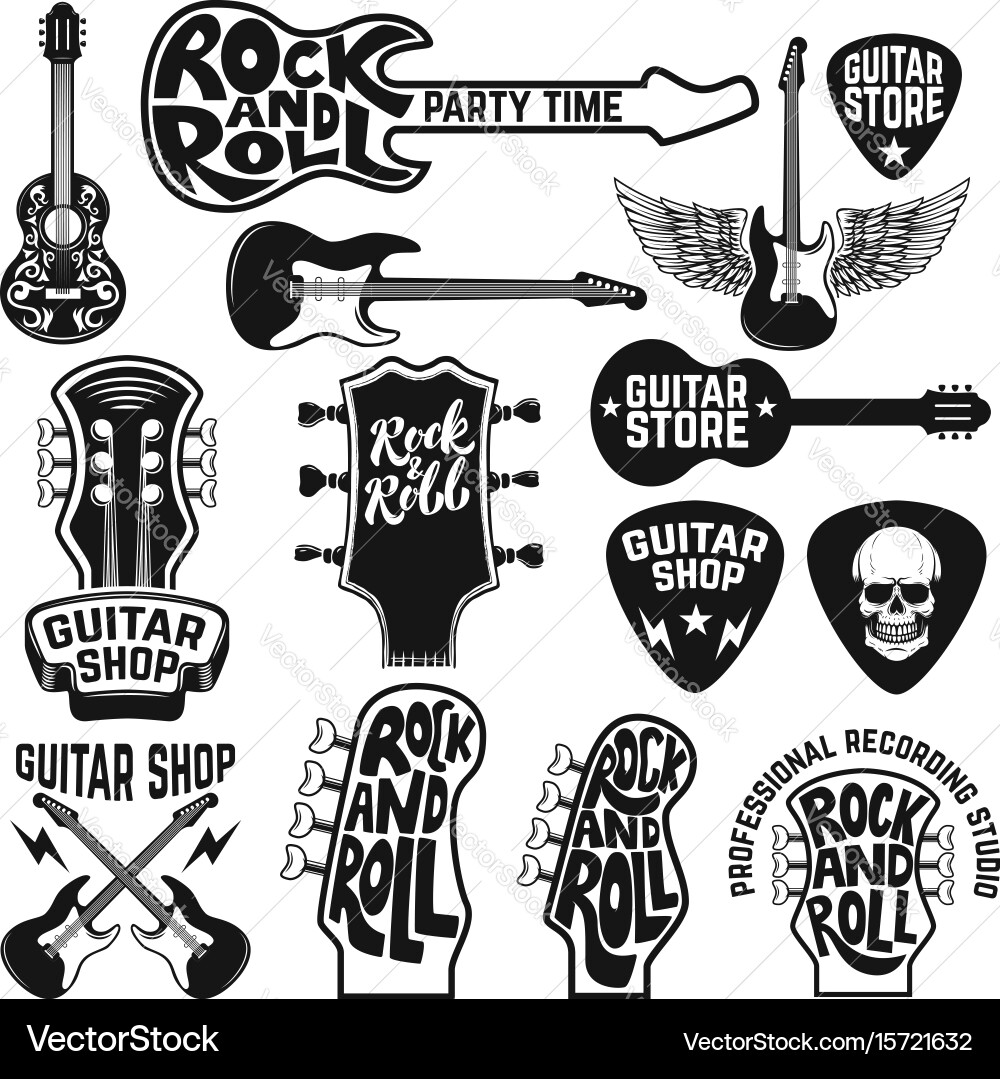 Guitar store labels and design elements Royalty Free Vector