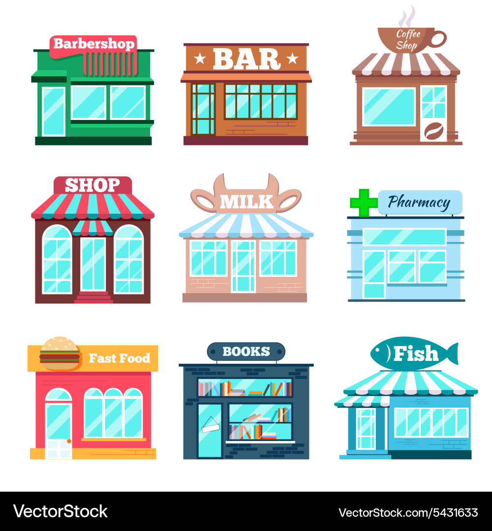 Store and shop buildings flat icons set Royalty Free Vector