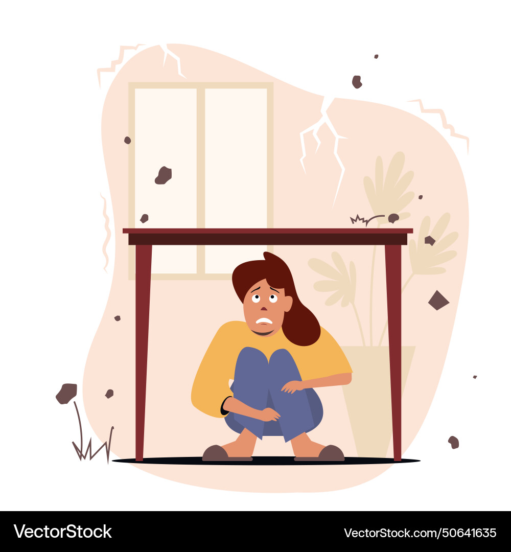 Earthquake woman hiding under the table Royalty Free Vector