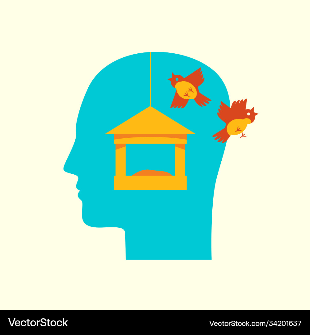Human head in profile with flying birds and feeder