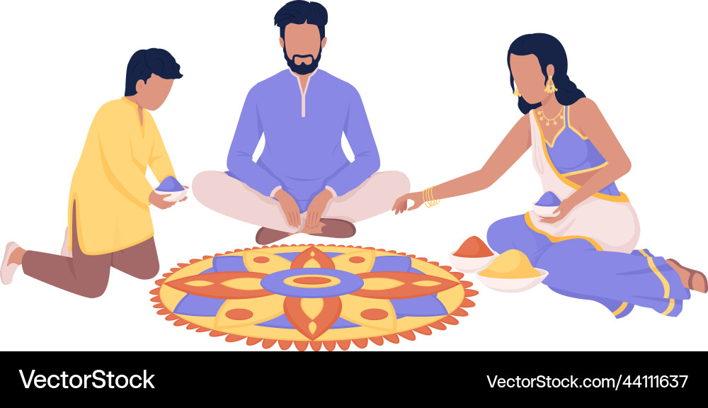 Indian family making rangoli design semi flat Vector Image Indian family making rangoli design semi flat Vector Image
