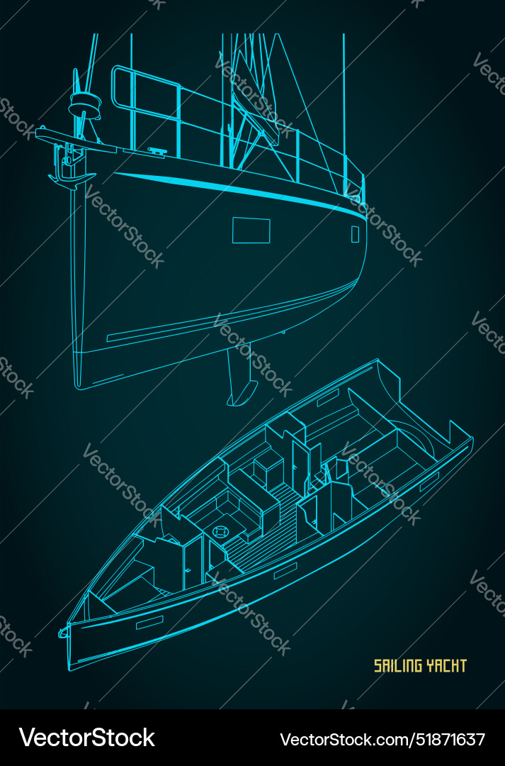 Sailing yacht and its interior blueprints Vector Image