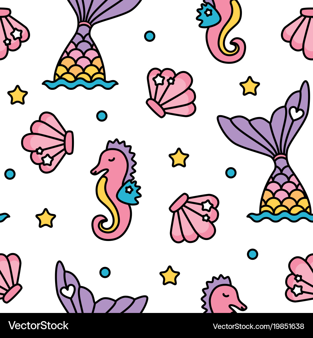 Pastel Mermaid & Seahorse Rainbow Pattern Vector Image