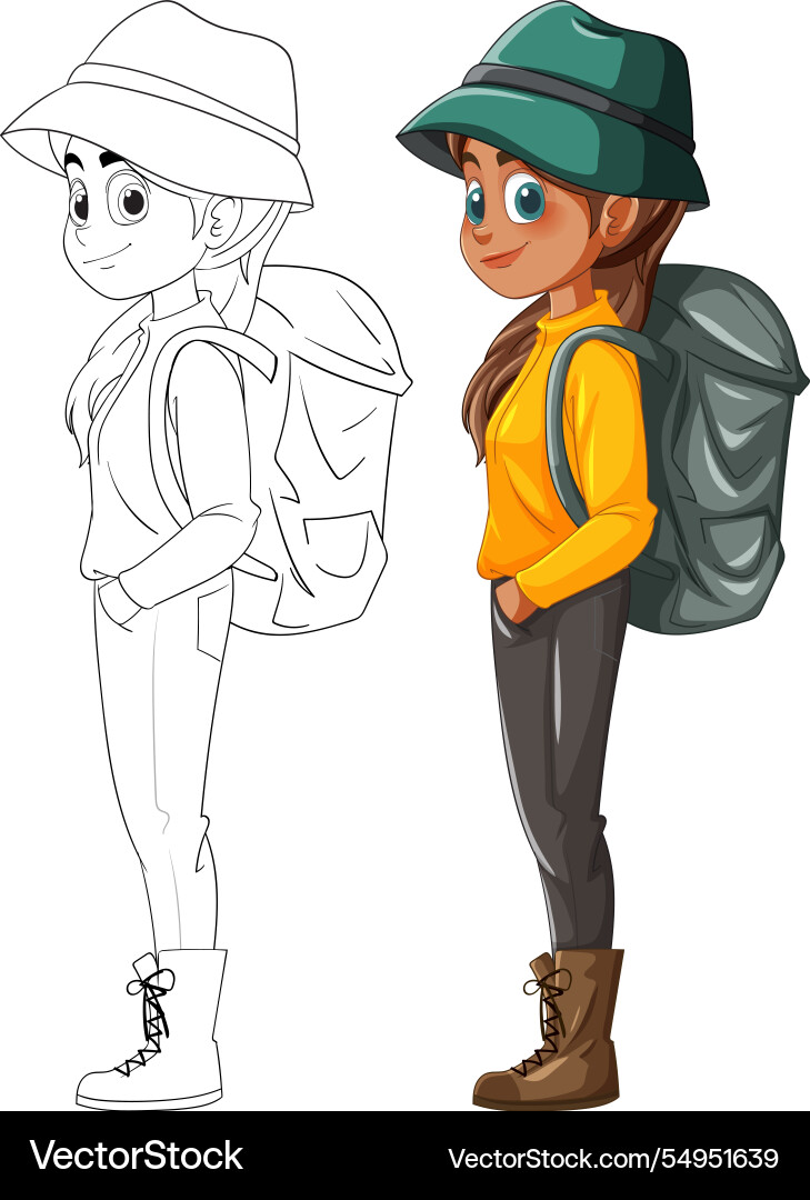 Girl ready for adventure with backpack and hat Vector Image