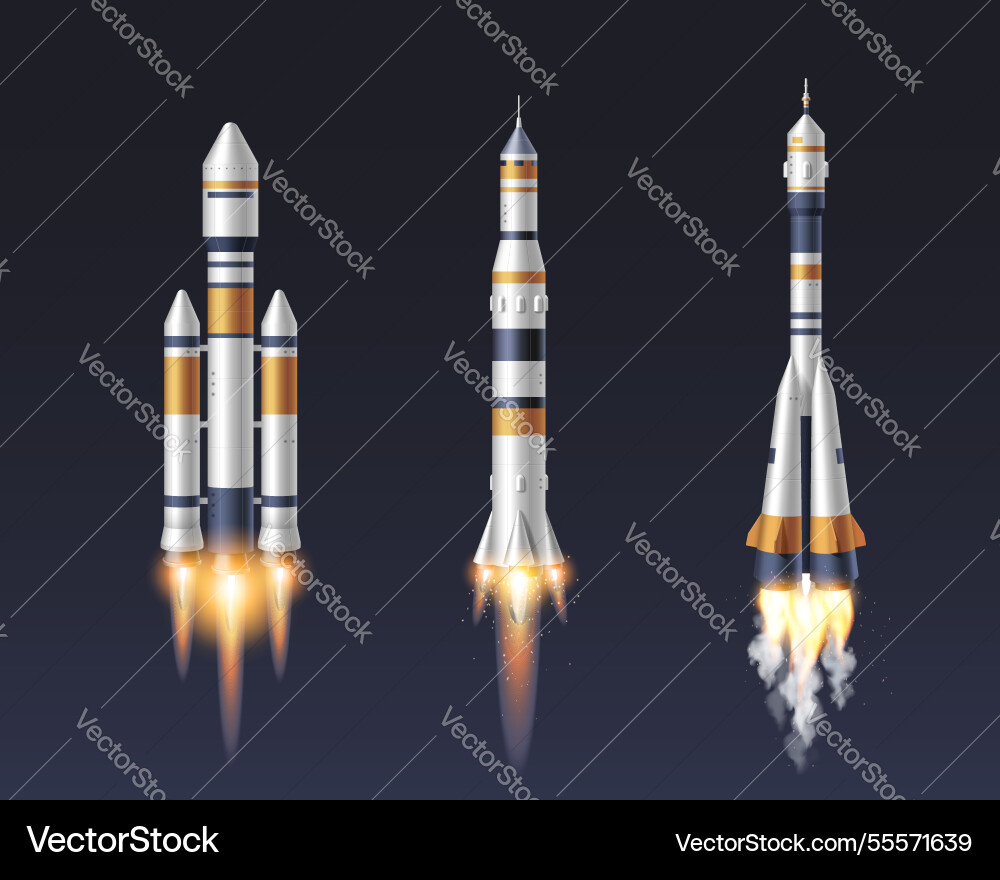 Modern space rockets set isolated on black Vector Image