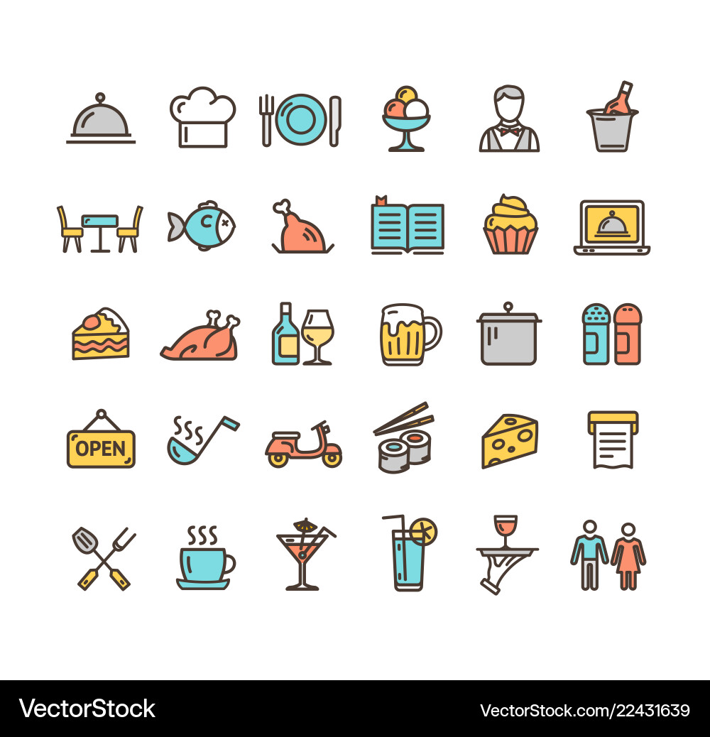 Restaurant service signs color thin line icon set Vector Image