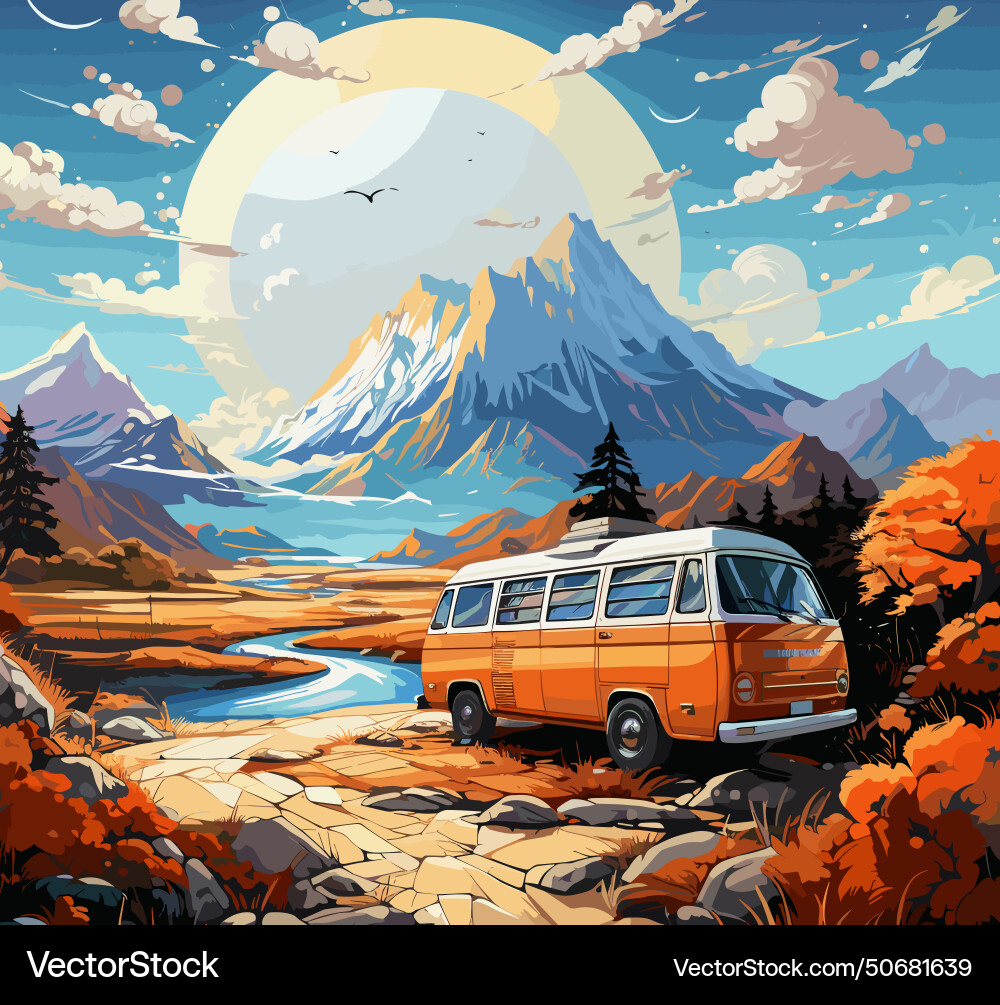 Van life concept cartoon scene beautiful Vector Image