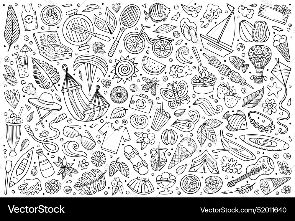 Doodle cartoon set of summer theme objects Vector Image
