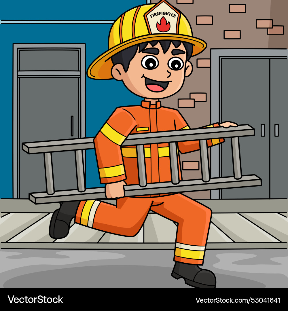 Firefighter holding ladder colored cartoon Vector Image