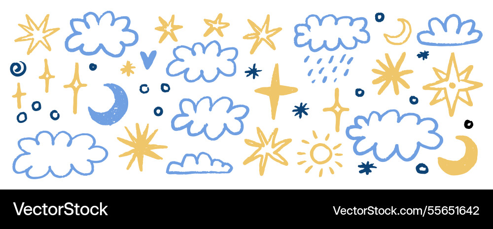 Crayon stars clouds and moon doodle hand drawn Vector Image