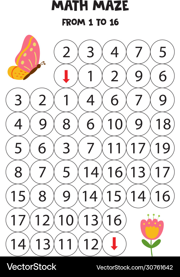 Math maze from one to 16 help butterfly Royalty Free Vector