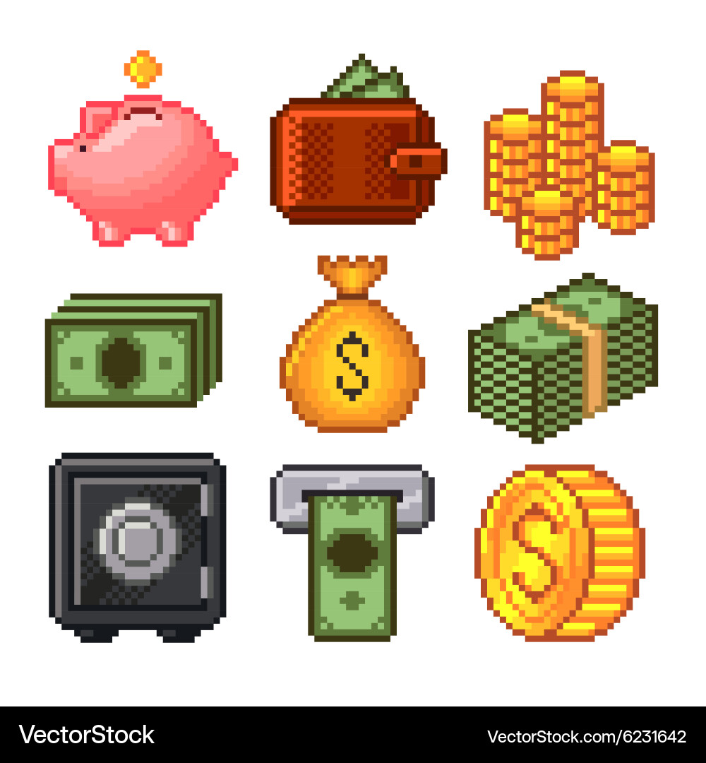 Pixel money icons set Royalty Free Vector Image