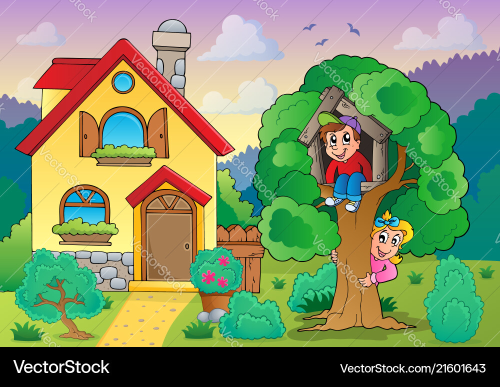 Children playing near house theme 2 Royalty Free Vector