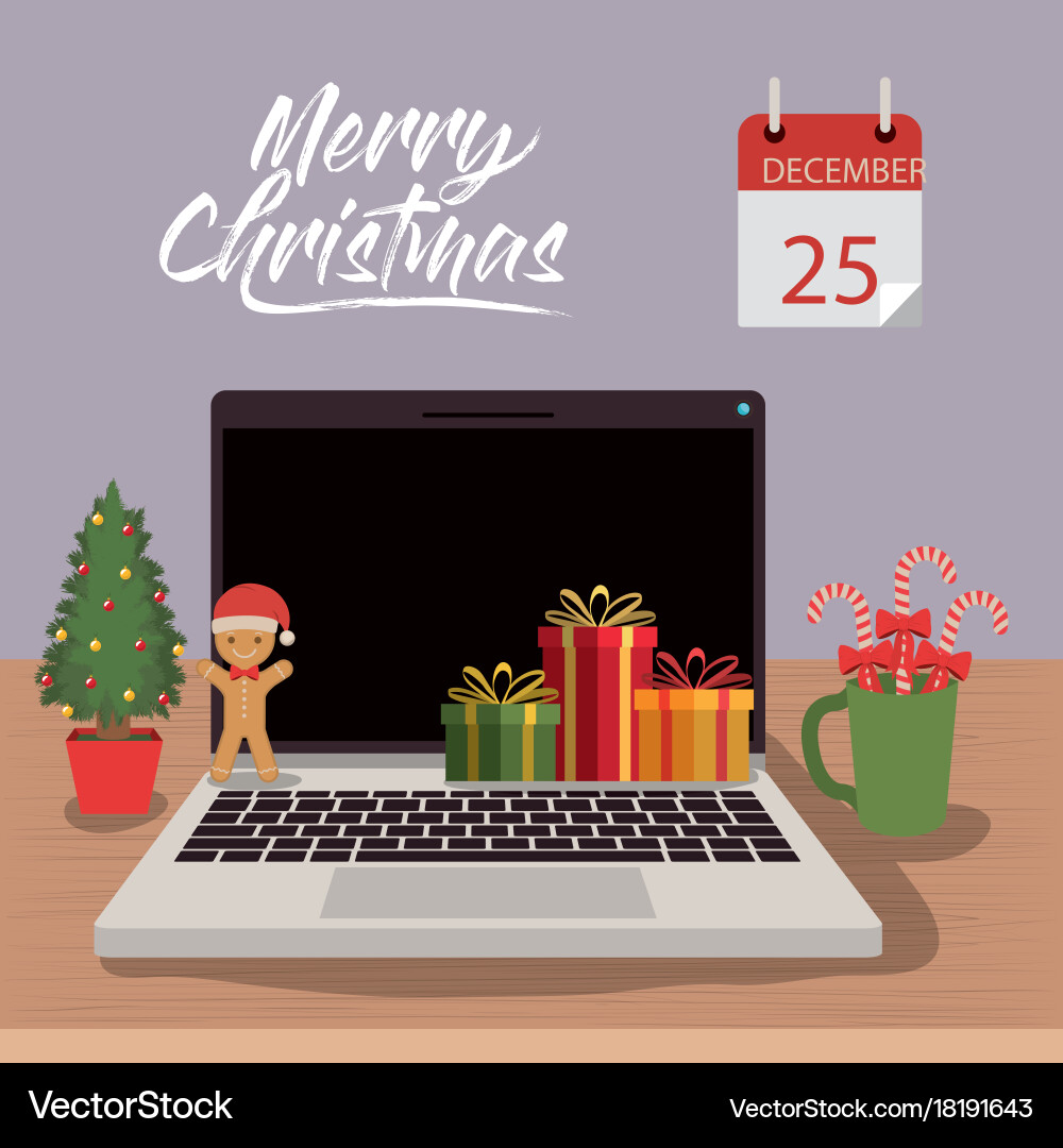 Merry christmas poster with laptop computer scene Vector Image