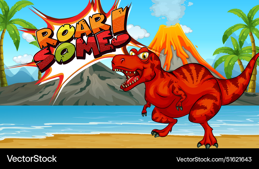 Red dinosaur roaring near a volcano Royalty Free Vector