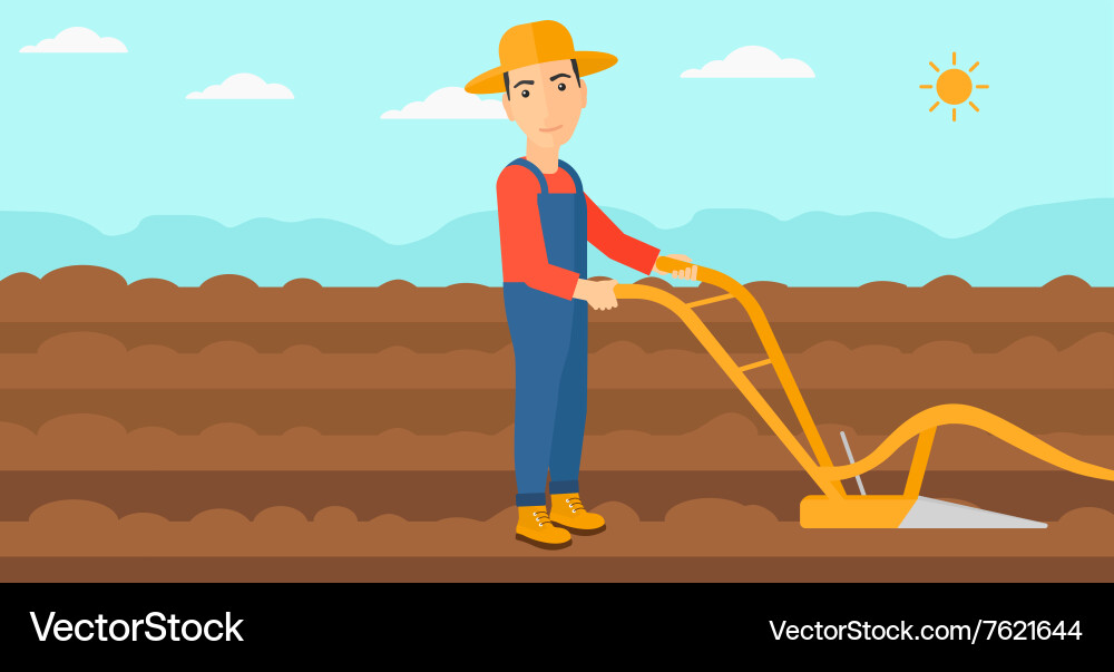 Farmer on the field with plough Royalty Free Vector Image