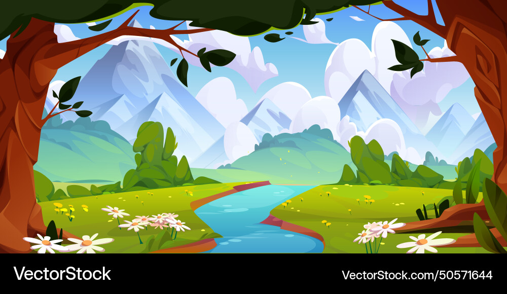 River stream flowing from mountains to meadow Vector Image