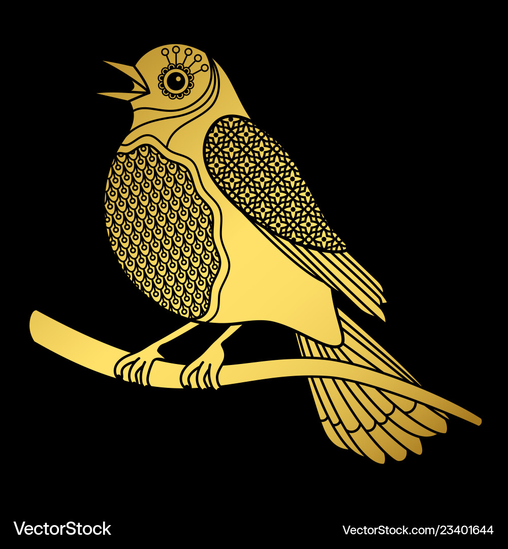 Singing doodle gold bird Royalty Free Vector Image