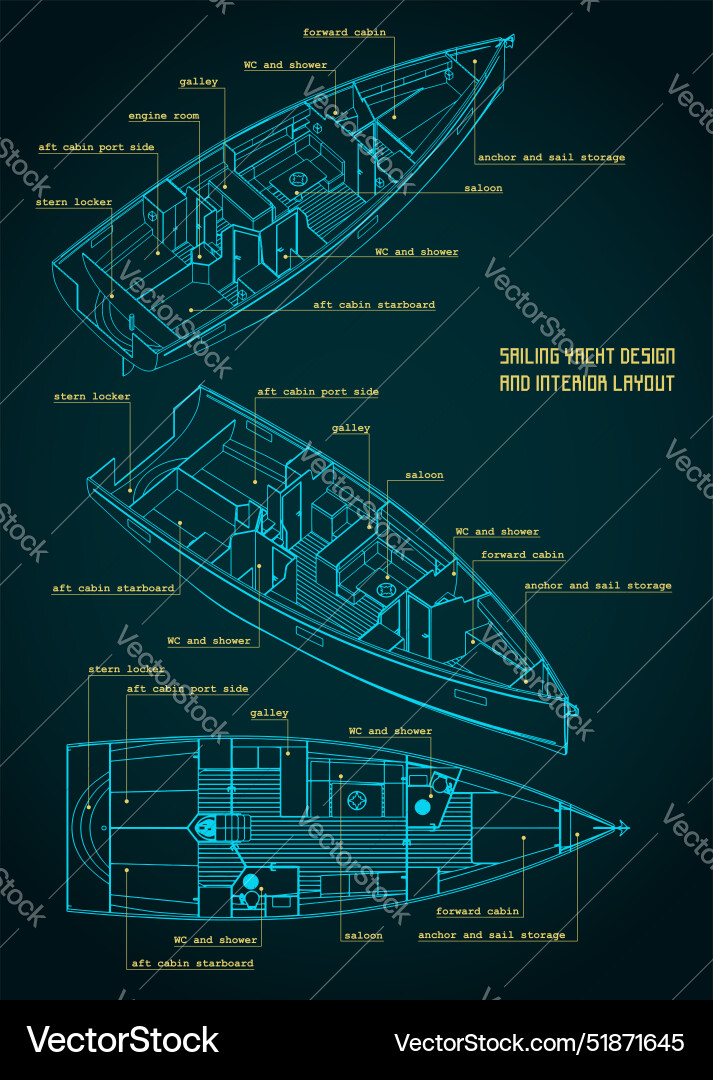 Sailing yacht design and interior layout Vector Image