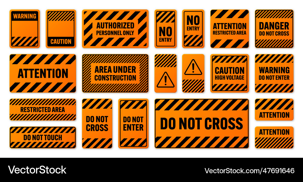 Various black and orange warning signs Royalty Free Vector