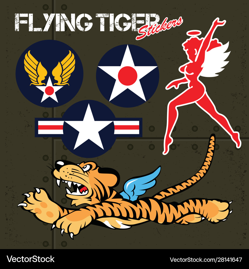 Flying tiger stickers set Royalty Free Vector Image