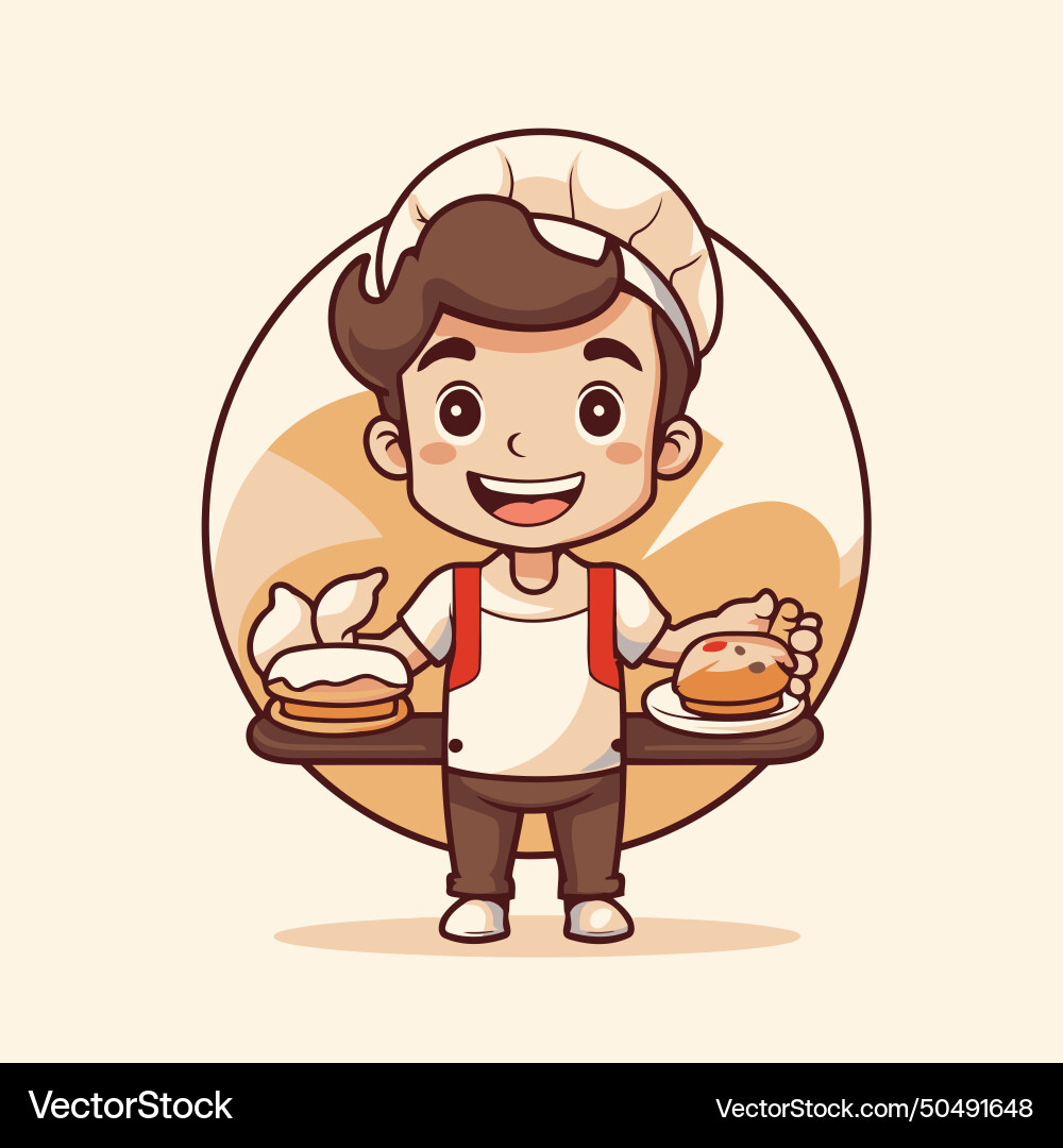 Cartoon baker boy with bread and buns Royalty Free Vector