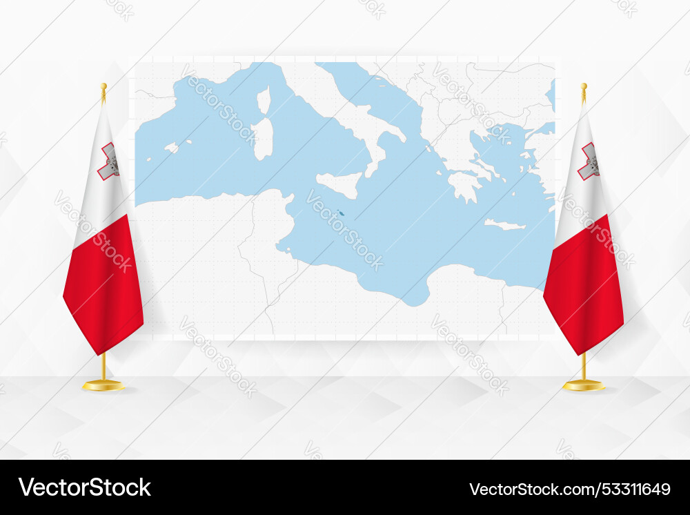 Map of malta and flags on flag stand Royalty Free Vector