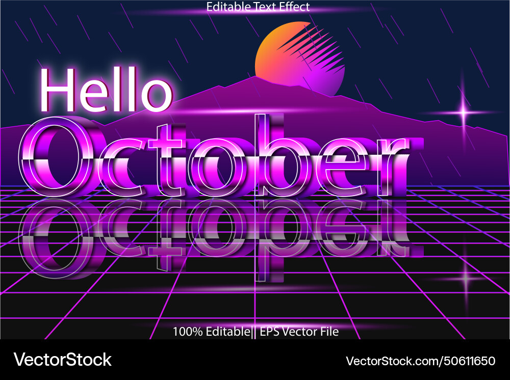 Hello october editable text effect 3d retro 80s Vector Image