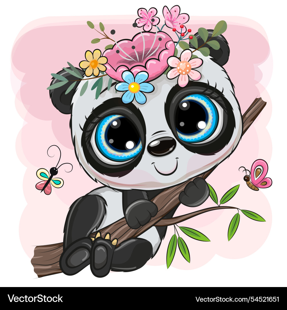 Cartoon panda with flowers is sitting on a tree Vector Image