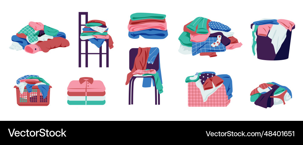 Clothes in piles and stacks dirty laundry bundle Vector Image