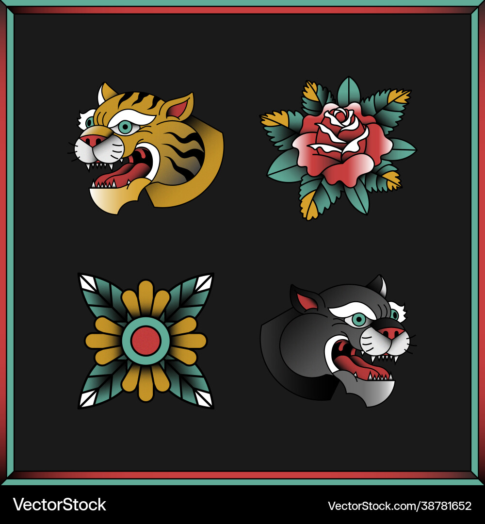 Traditional old school sticker set isolated Vector Image