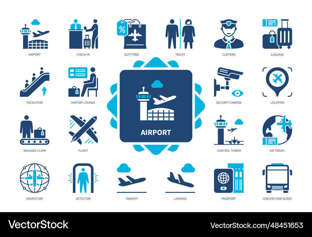Airport solid icon set Royalty Free Vector Image