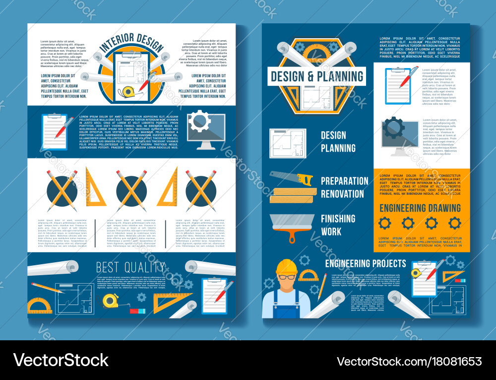 Building construction interior design poster set Vector Image