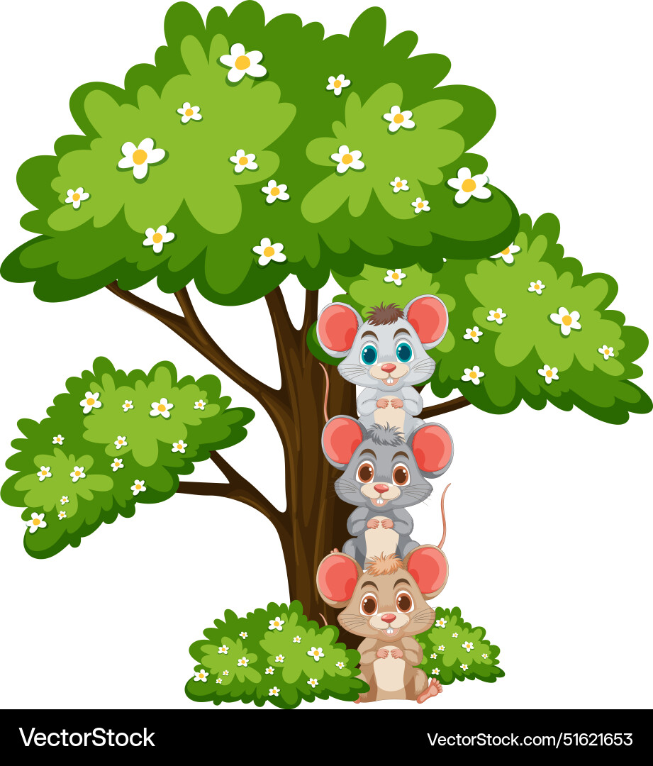 Three mice stacked under a flowering tree Vector Image