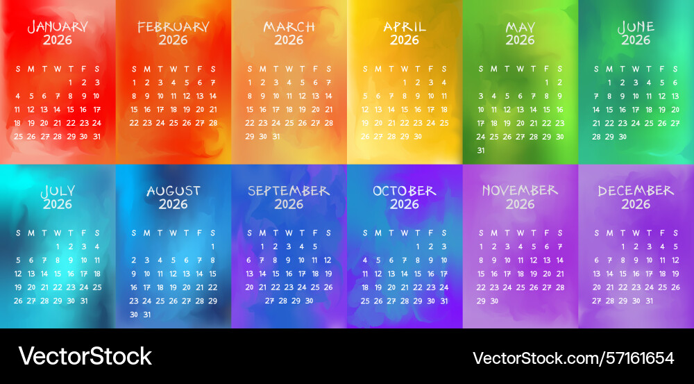 2026 vivid rainbow gradient calendar design Vector Image
