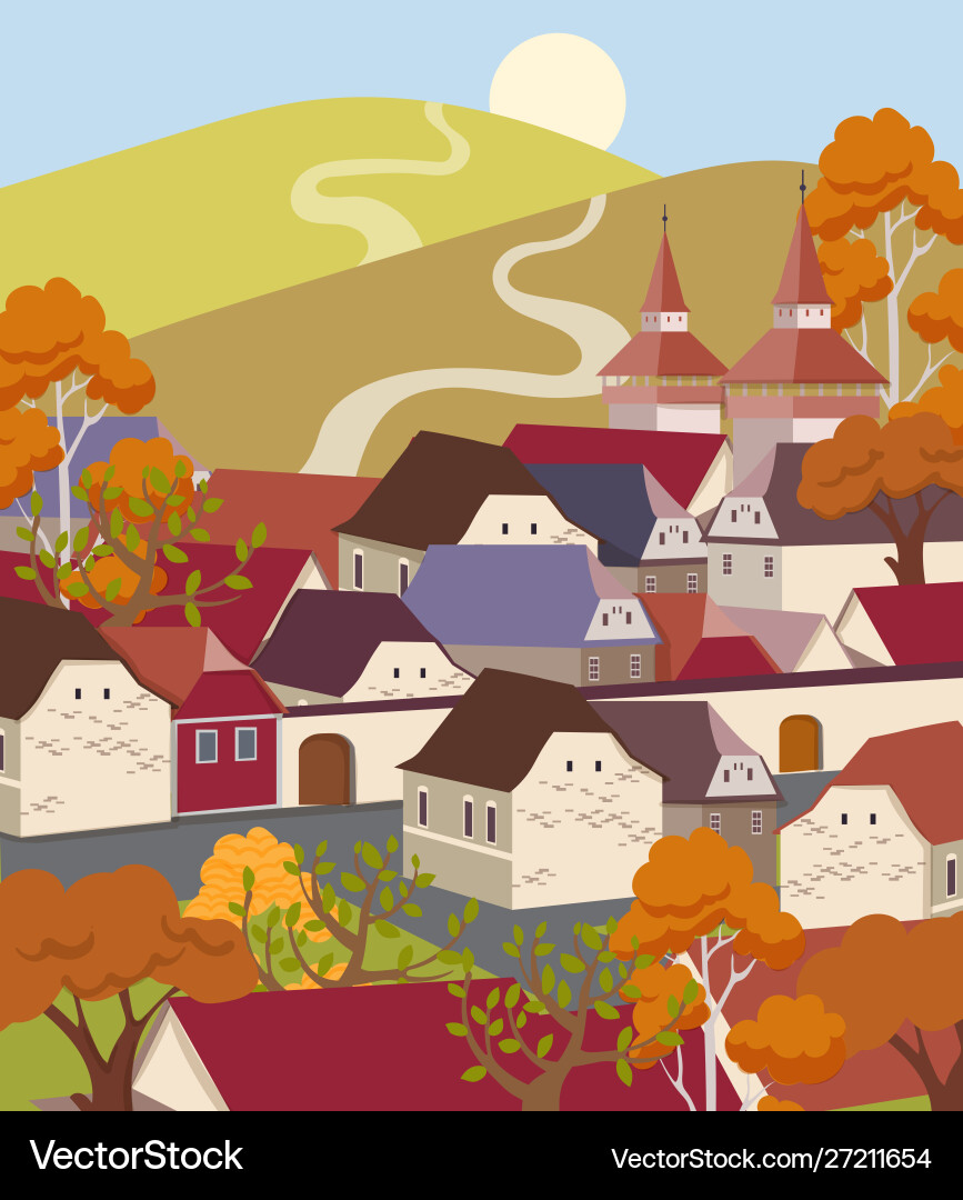 Cartoon flat old town with colorful scenery Vector Image