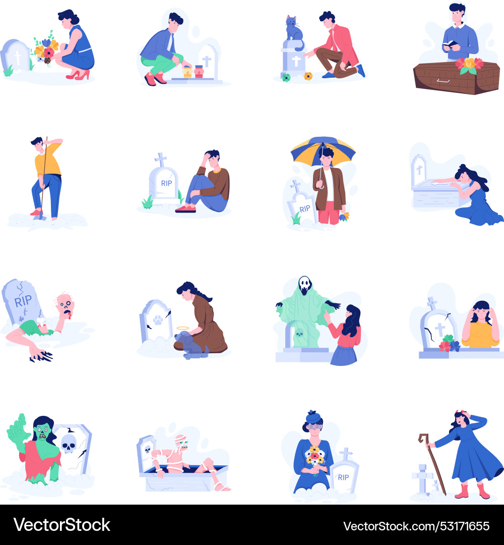 Collection of graveyards and grief flat Royalty Free Vector