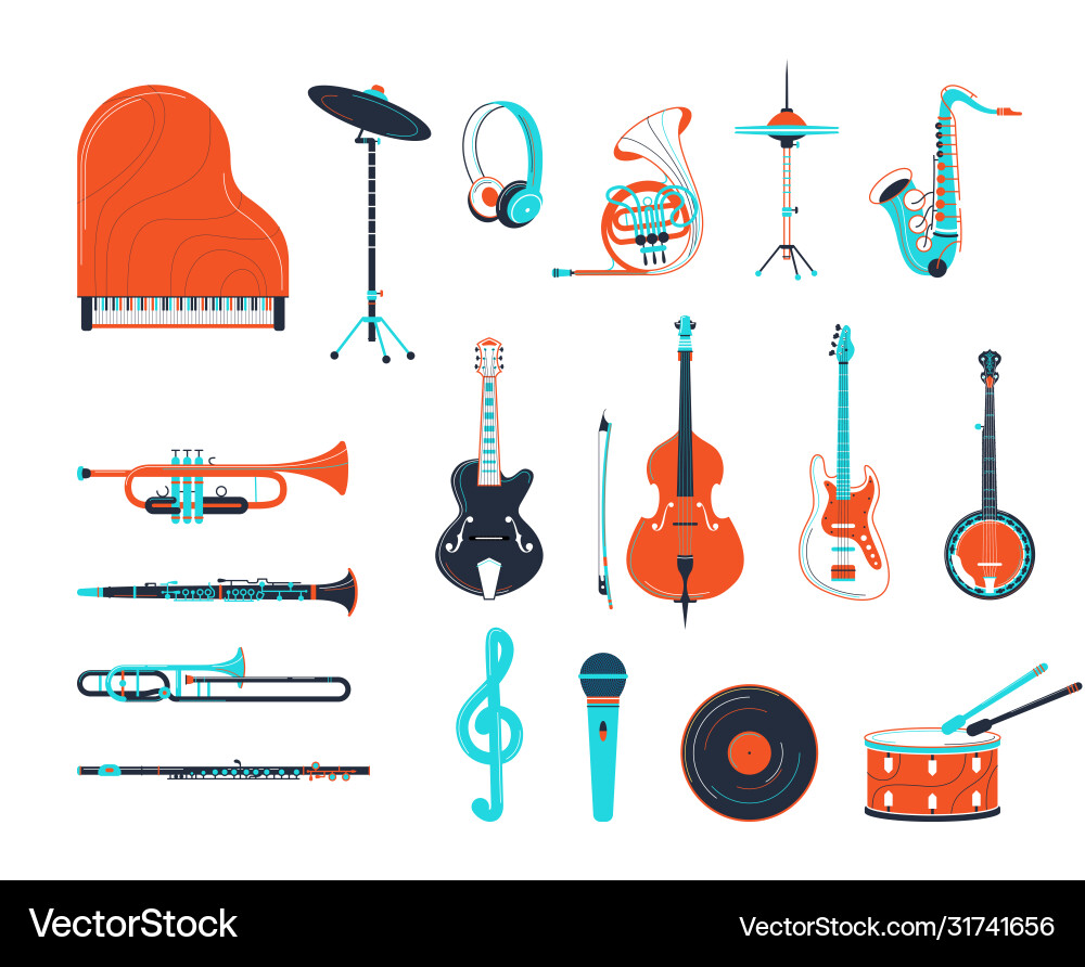 Acoustic and electric musical instruments set Vector Image