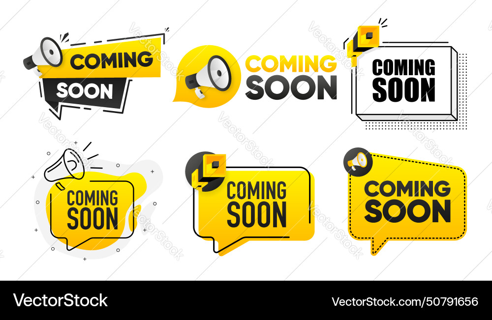 Coming soon megaphone label collection with text Vector Image