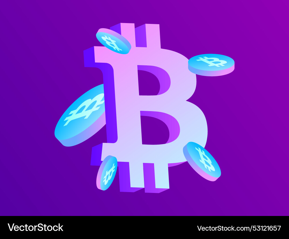Gradient 3d bitcoin symbol with coins purple Vector Image