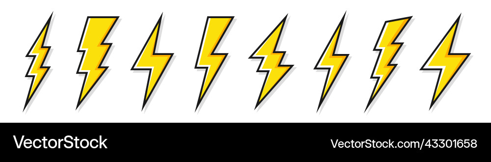 Yellow lightning bolt icons collection flash Vector Image