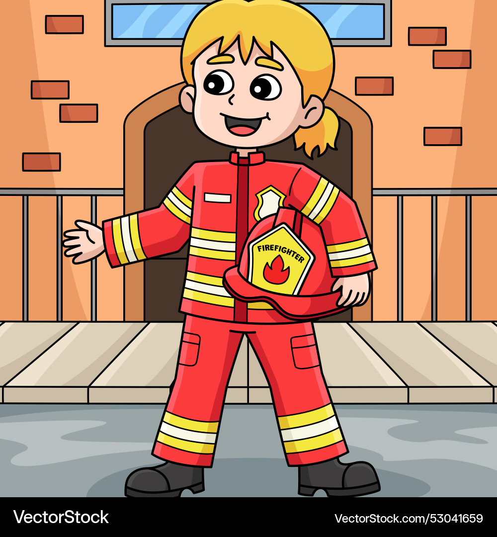 Female firefighter colored cartoon Royalty Free Vector Image