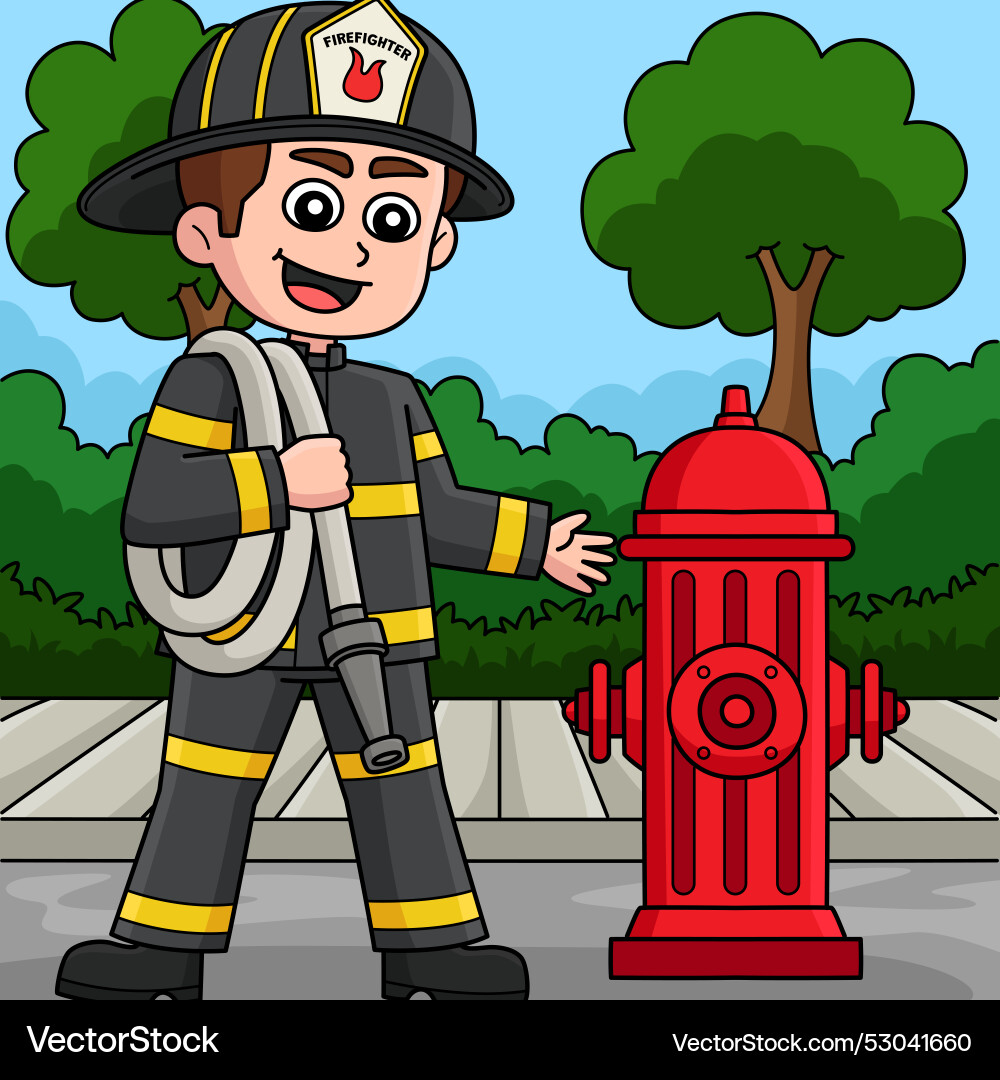 Firefighter carrying a fire hose colored cartoon Vector Image